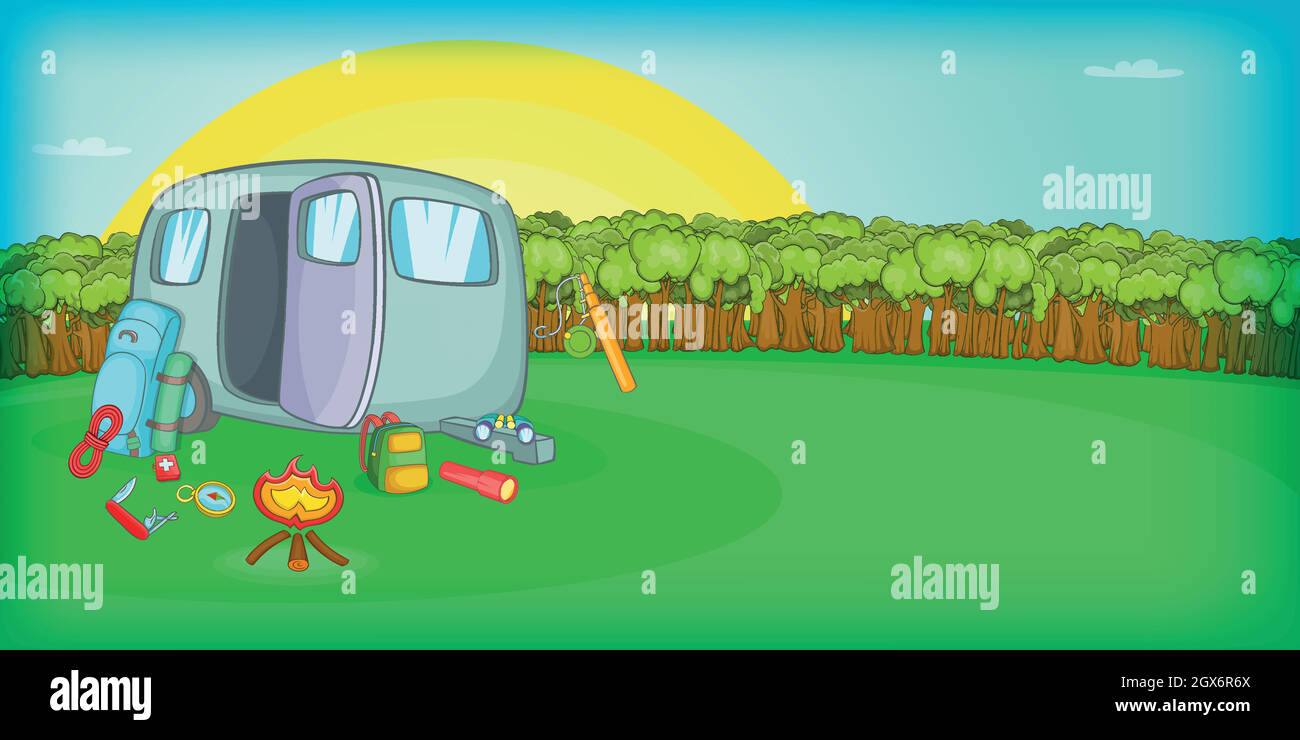Camping horizontal banner sunset, cartoon style Stock Vector Image ...