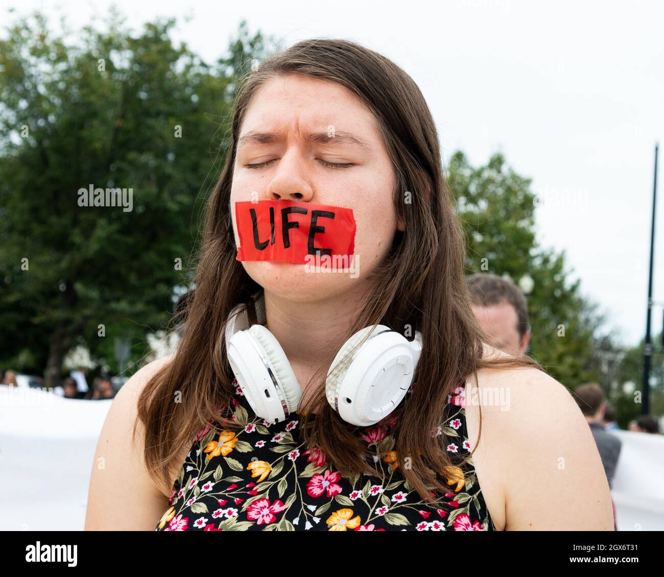 October 4, 2021 - Washington, DC, United States: Woman with tape over ...
