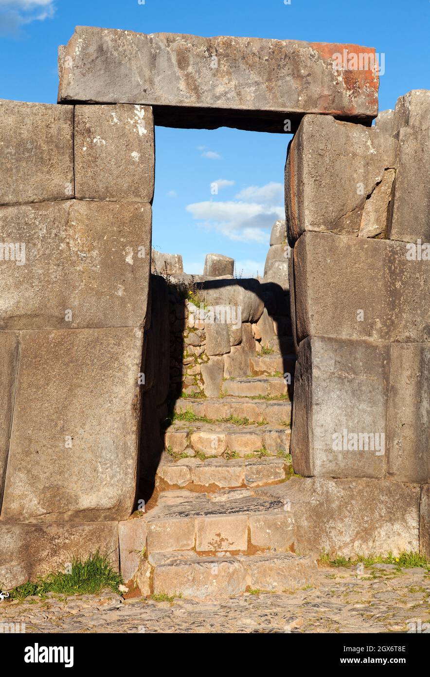 Stone door. View of Sacsayhuaman, Inca ruins in Cusco or Cuzco town ...
