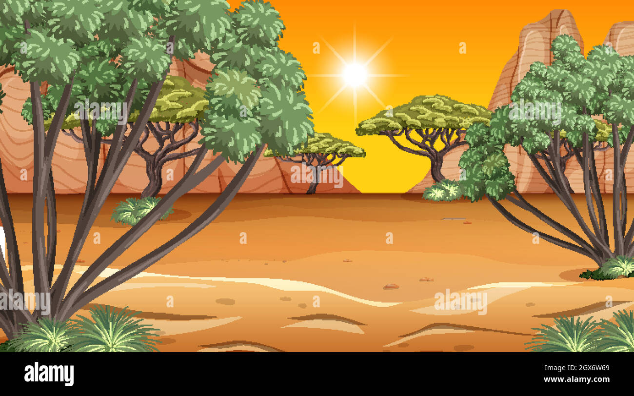 African Savanna forest landscape scene at sunset time Stock Vector ...