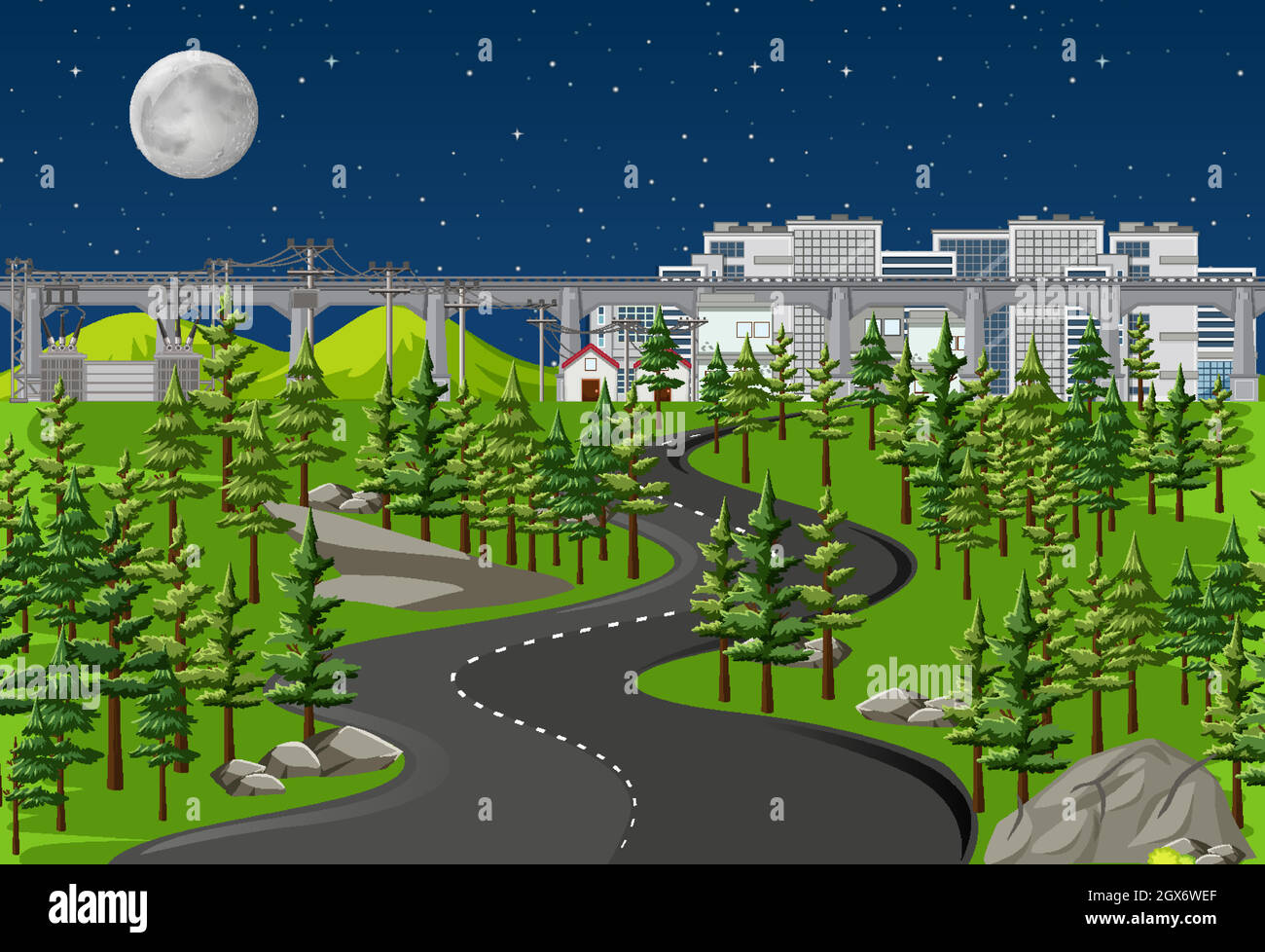 Long road in nature landscape at night scene Stock Vector Image & Art ...