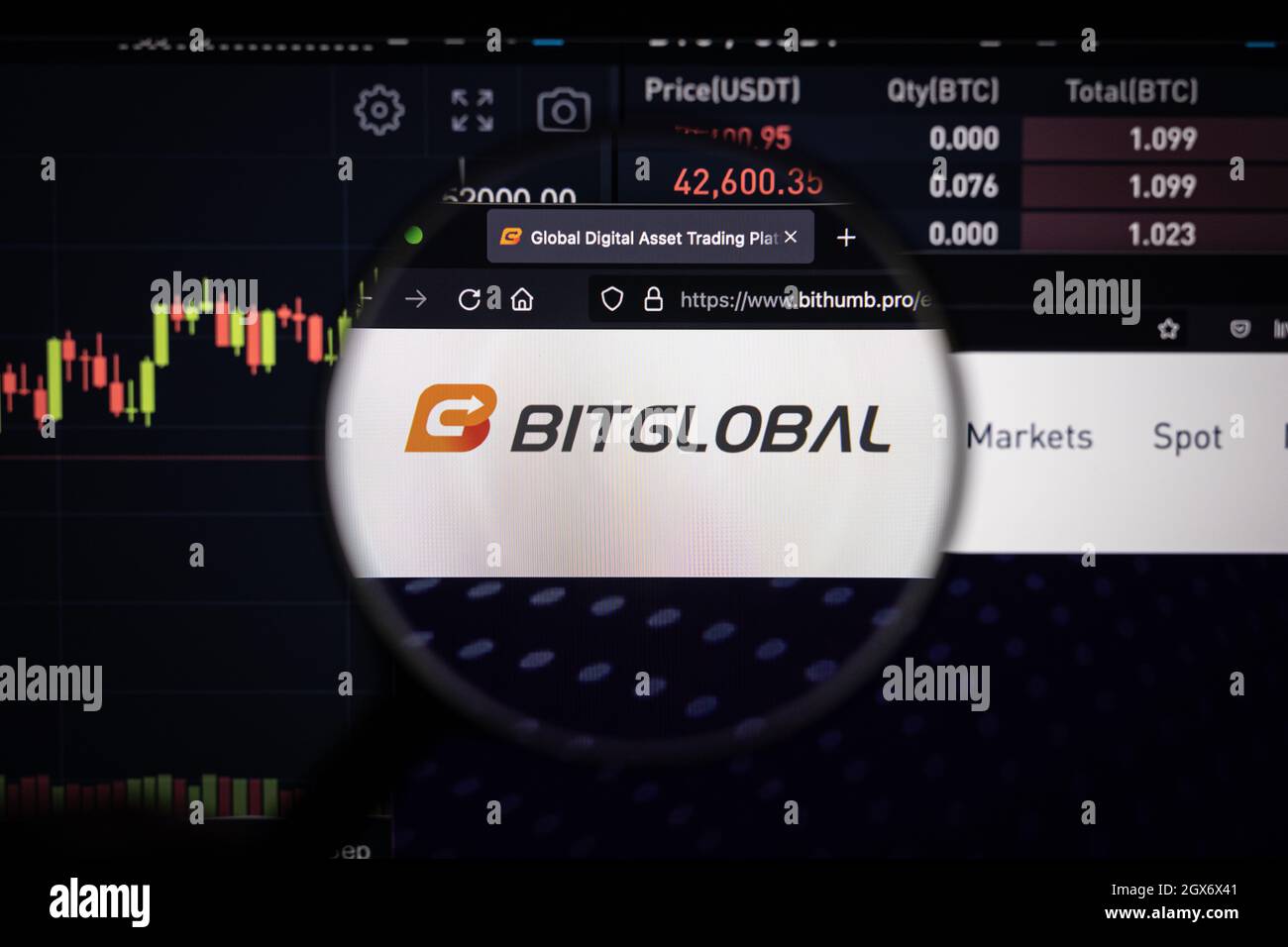 Bitglobal company logo on a website with blurry stock market ...