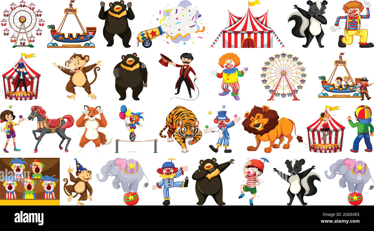 Circus set with animals rides and clowns on isolated background Stock ...