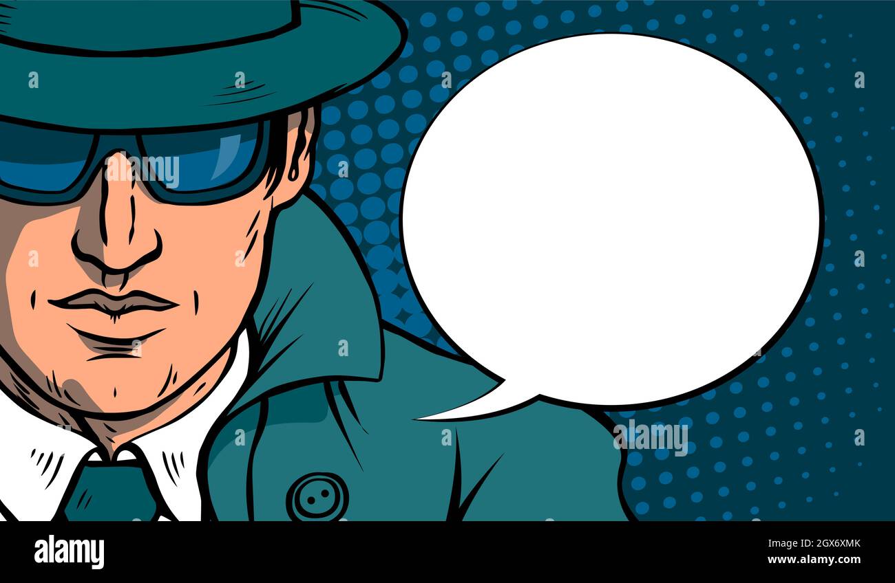 Man detective investigating. Dressed in a retro raincoat and hat ...