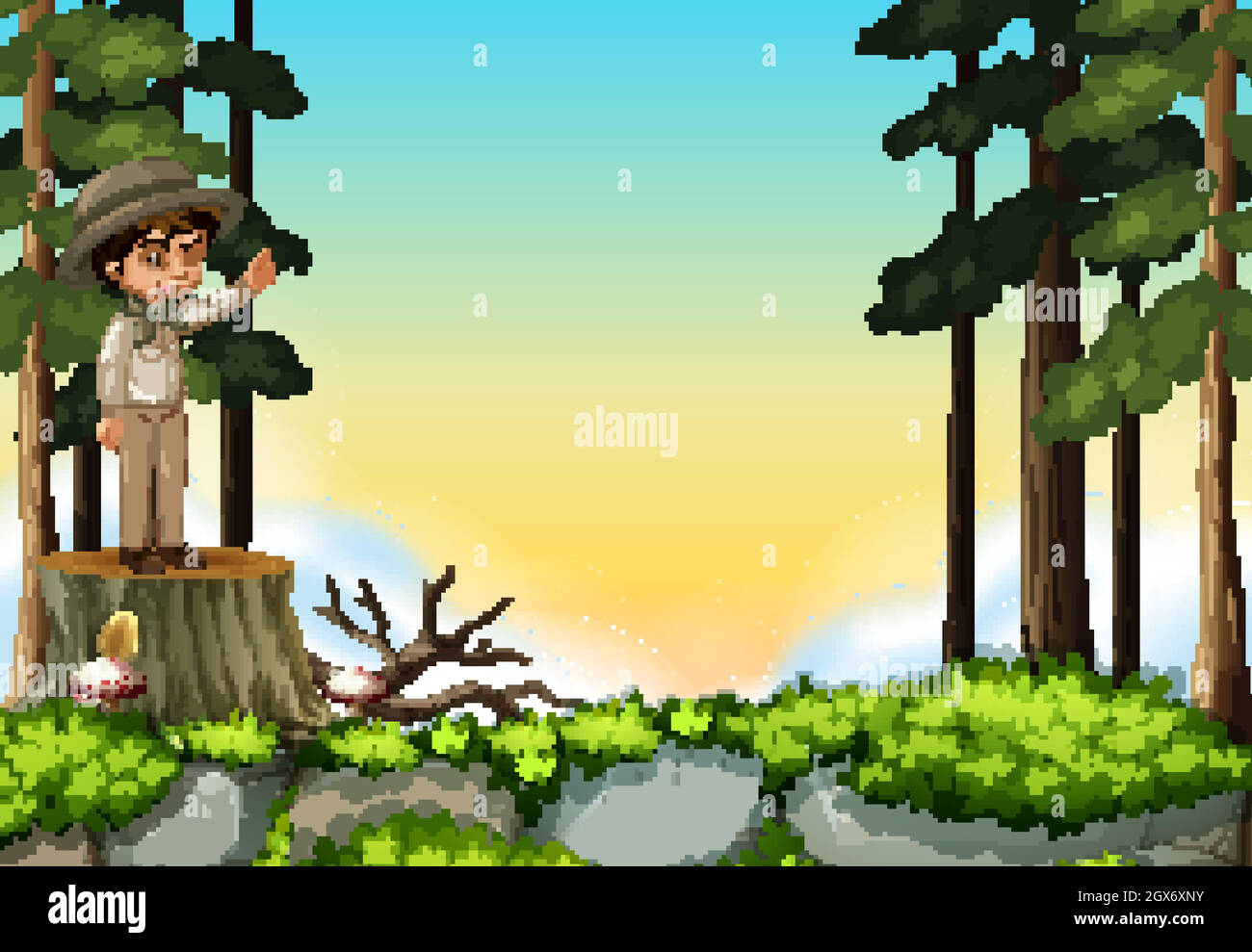 Scene with boy standing on log Stock Vector Image & Art - Alamy