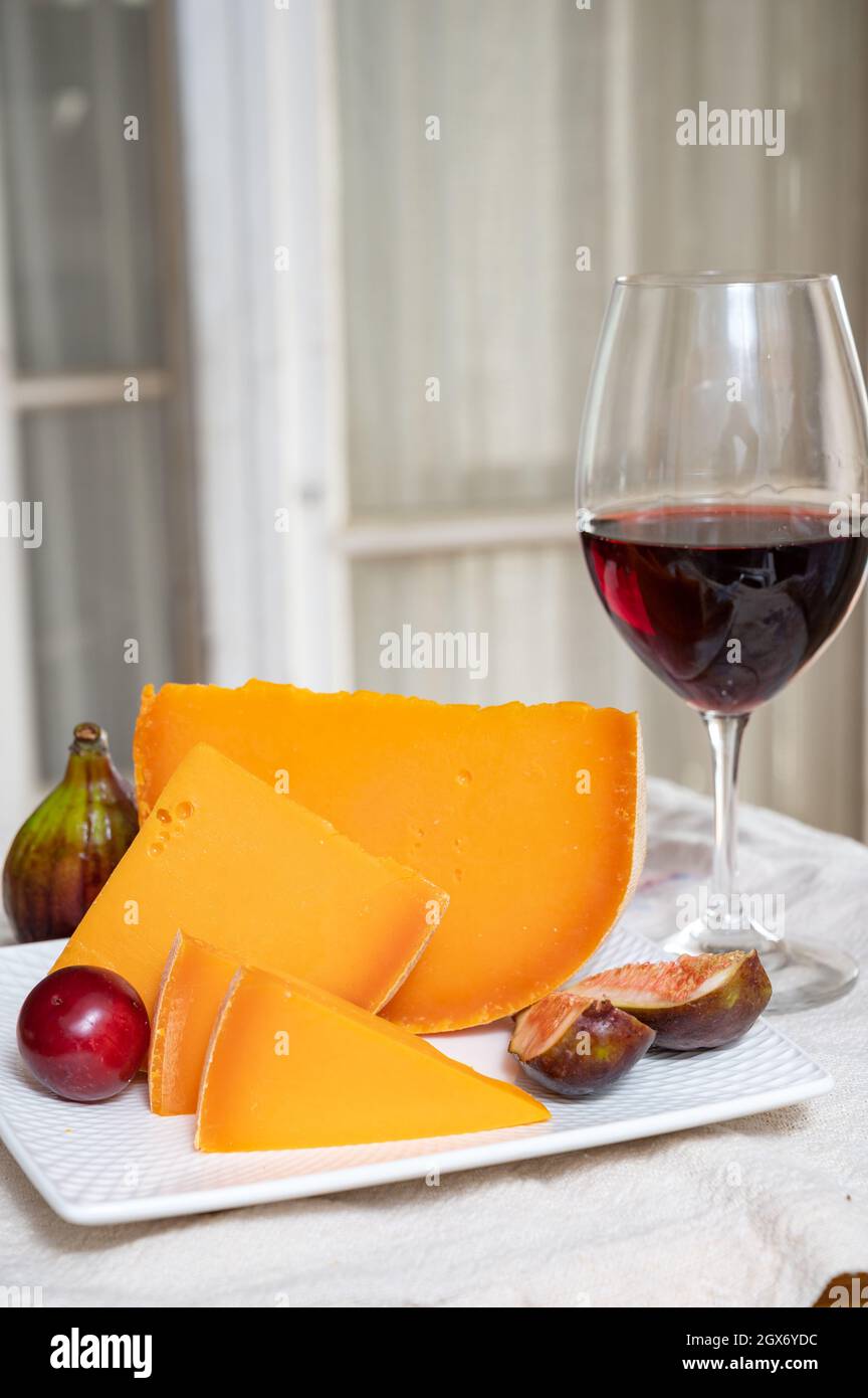 Cheese collection, French yellow cheese mimolette made from cow milk ...