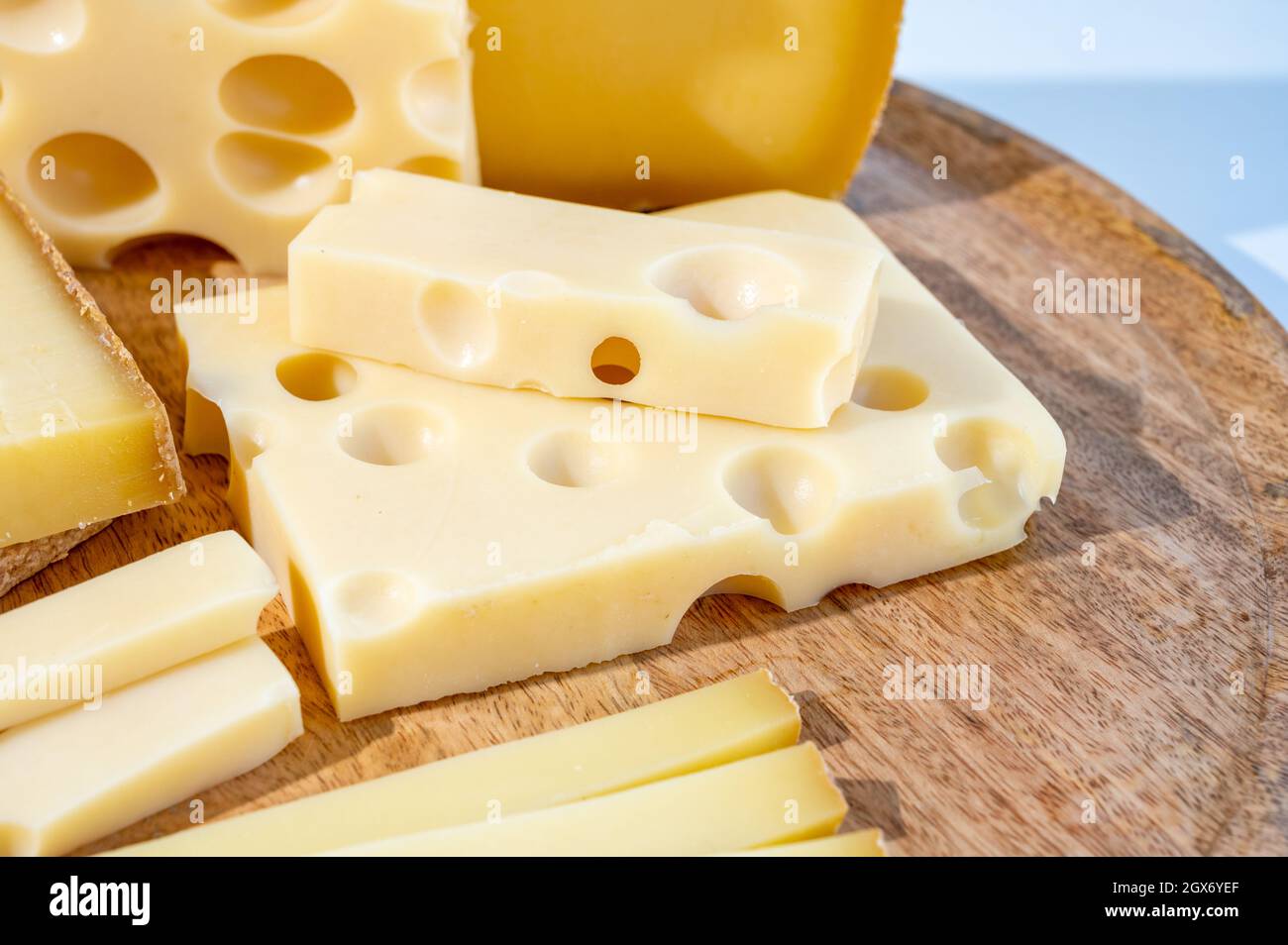 Cheese collection, hard French cheeses comte and emmentaler with round ...