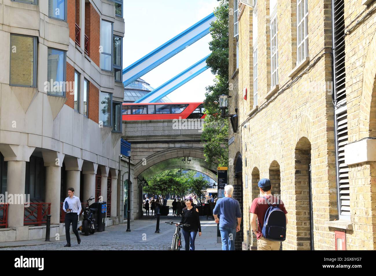 Tower Bridge and City Hall from Shad Thames, in Southwark, SW London ...