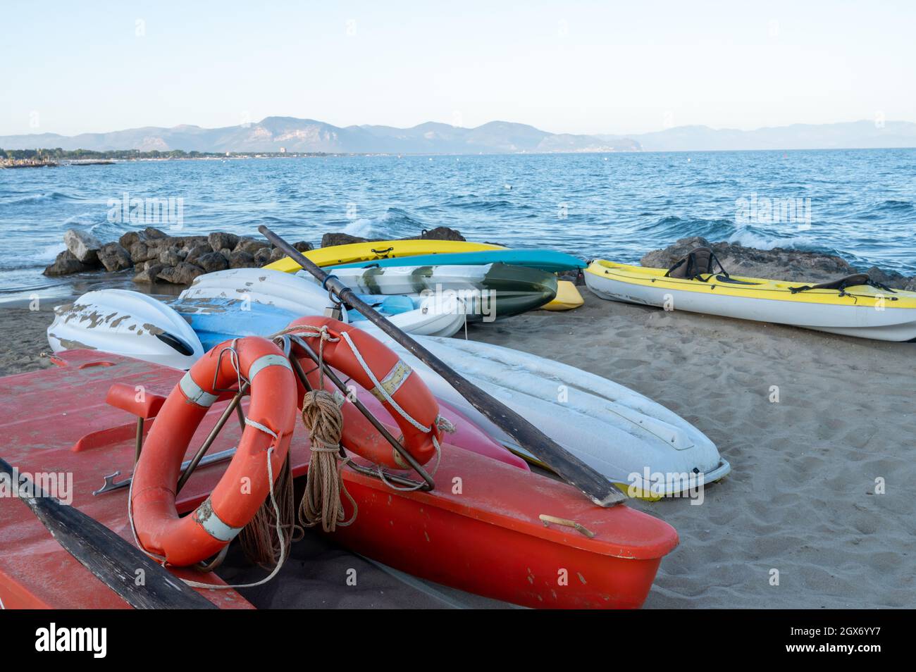 View on sandy beaches of San Felice Circeo at sunset, ancient Italian ...