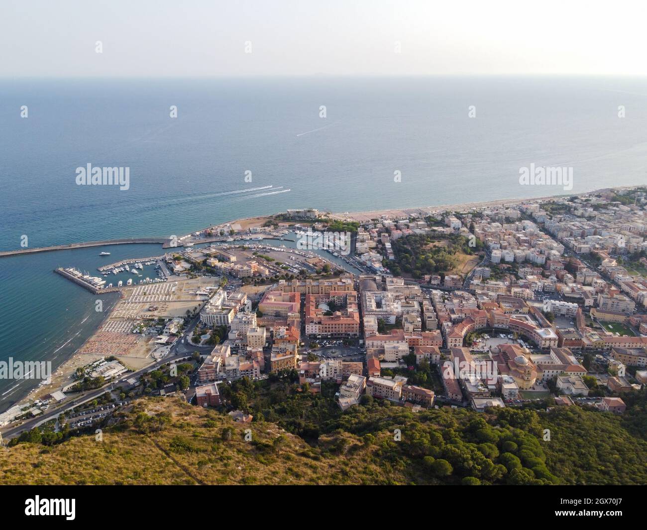 Aerial view on Terracina, mountains and Tyrrhenian Sea bay, ancient ...