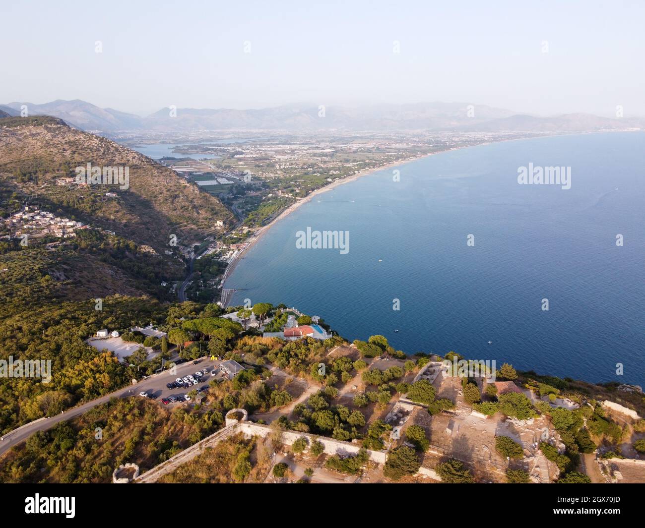 Aerial view on Terracina, mountains and Tyrrhenian Sea bay, ancient ...