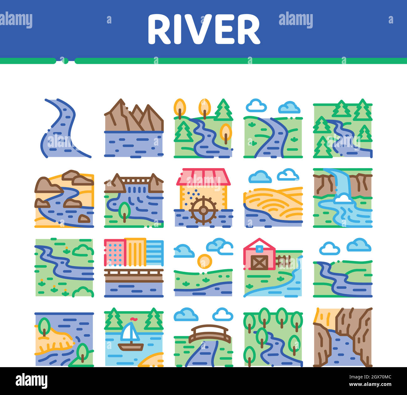 River Landscape Collection Icons Set Vector Stock Vector Image & Art ...