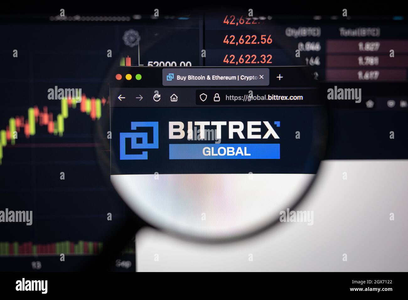 Bittrex company logo on a website with blurry stock market developments in the background, seen ...