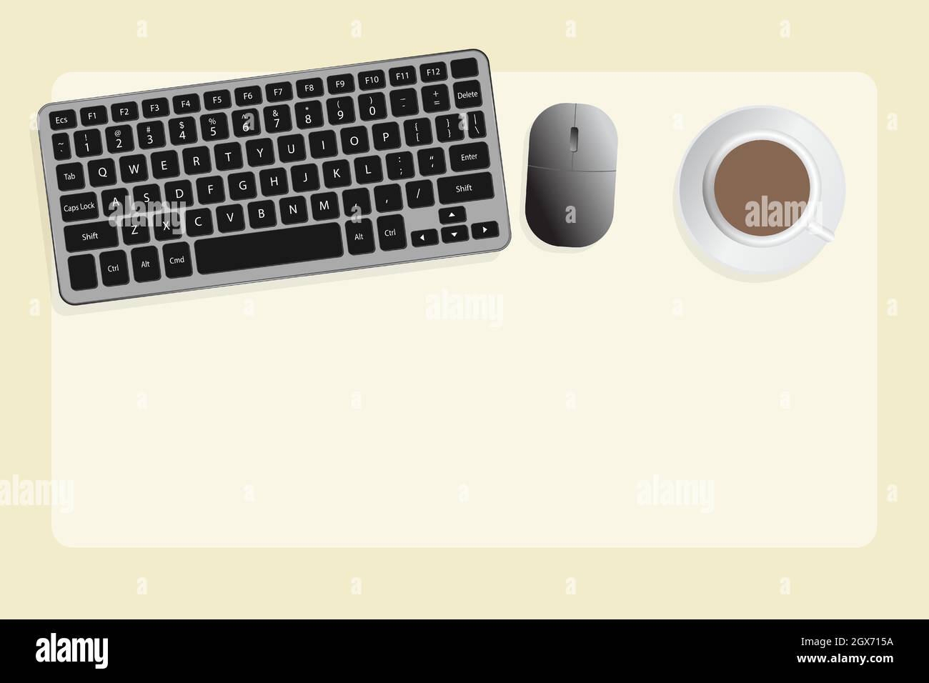 Keyboard, mouse, and a cup of coffee with a light beige background ...