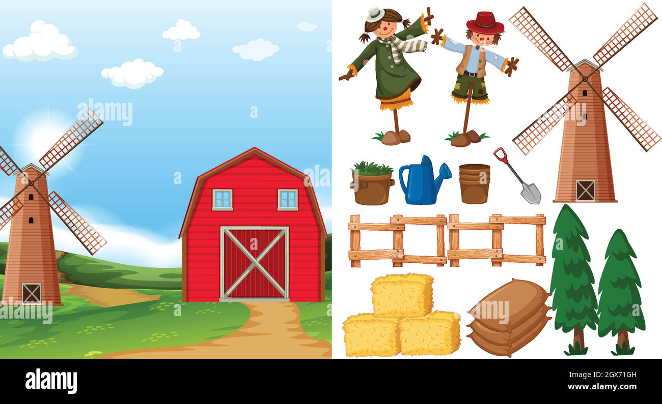 Farm scene with barn and farming items on white background Stock Vector ...