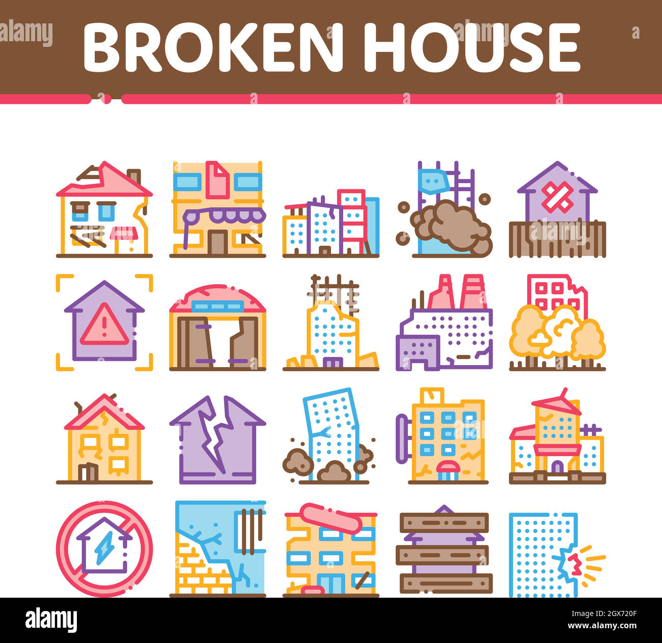Broken House Building Collection Icons Set Vector Stock Vector Image ...