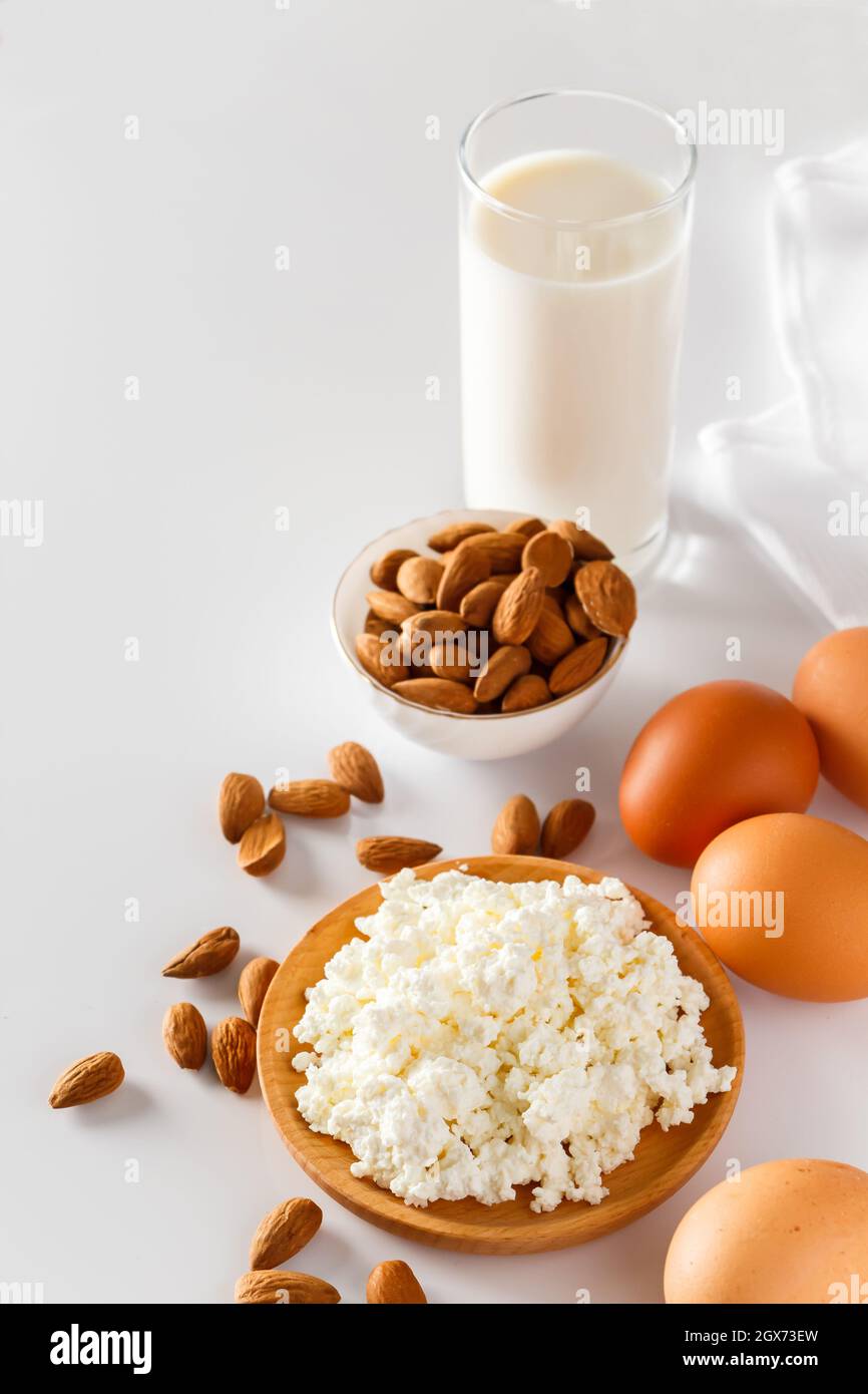A set of healthy protein foods for a balanced diet. Cottage cheese ...