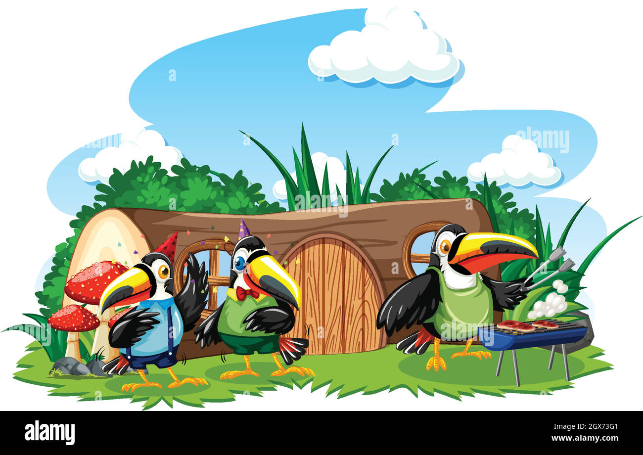 Stump house with three cute bird cartoon style on white background ...