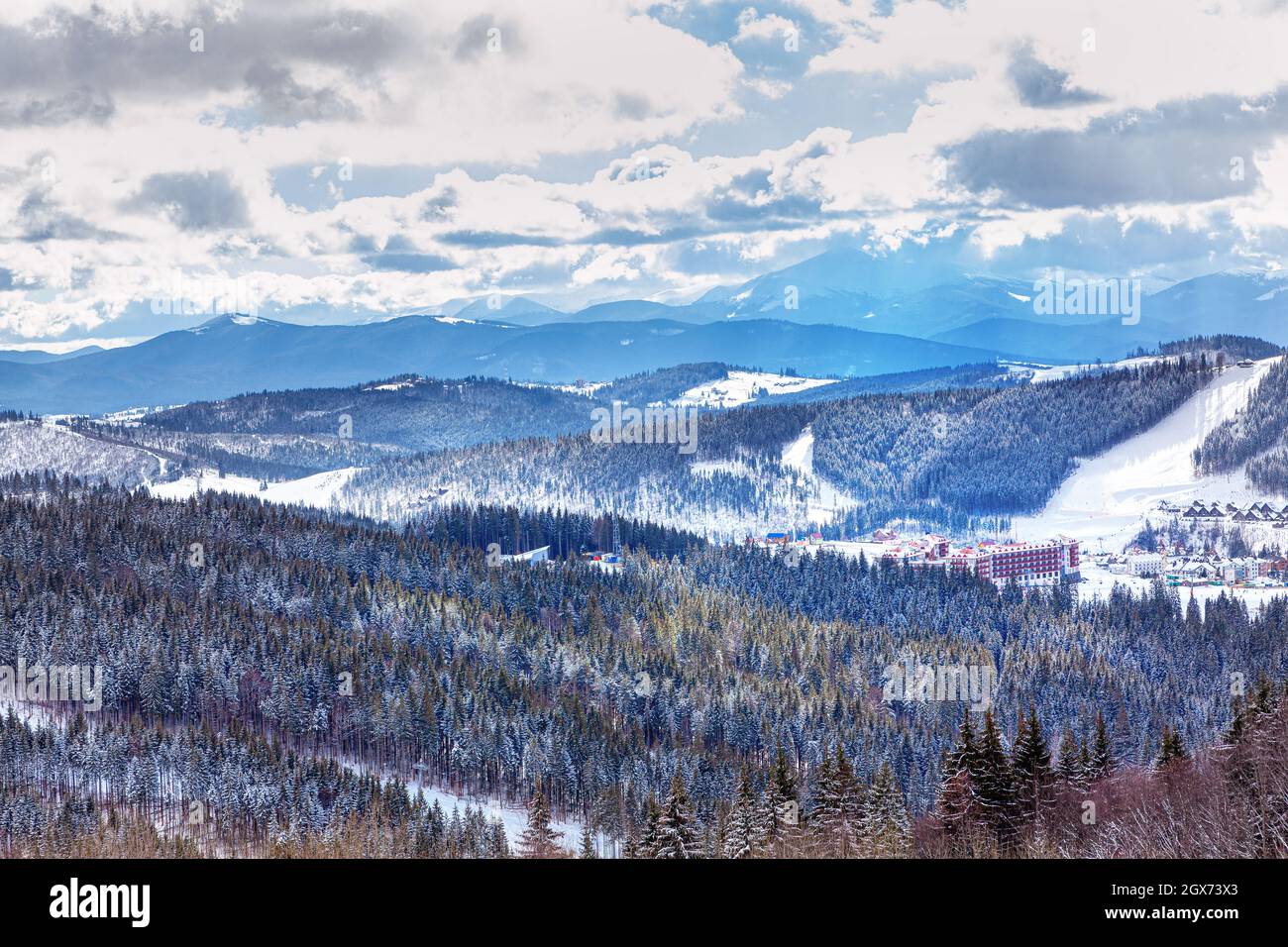 Winter landscape with tourist resort . Ski Resort Bukovel . Scenery ...