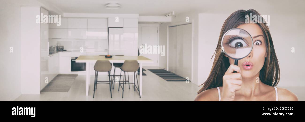 Home inspection funny woman searching through magnifying glass looking ...