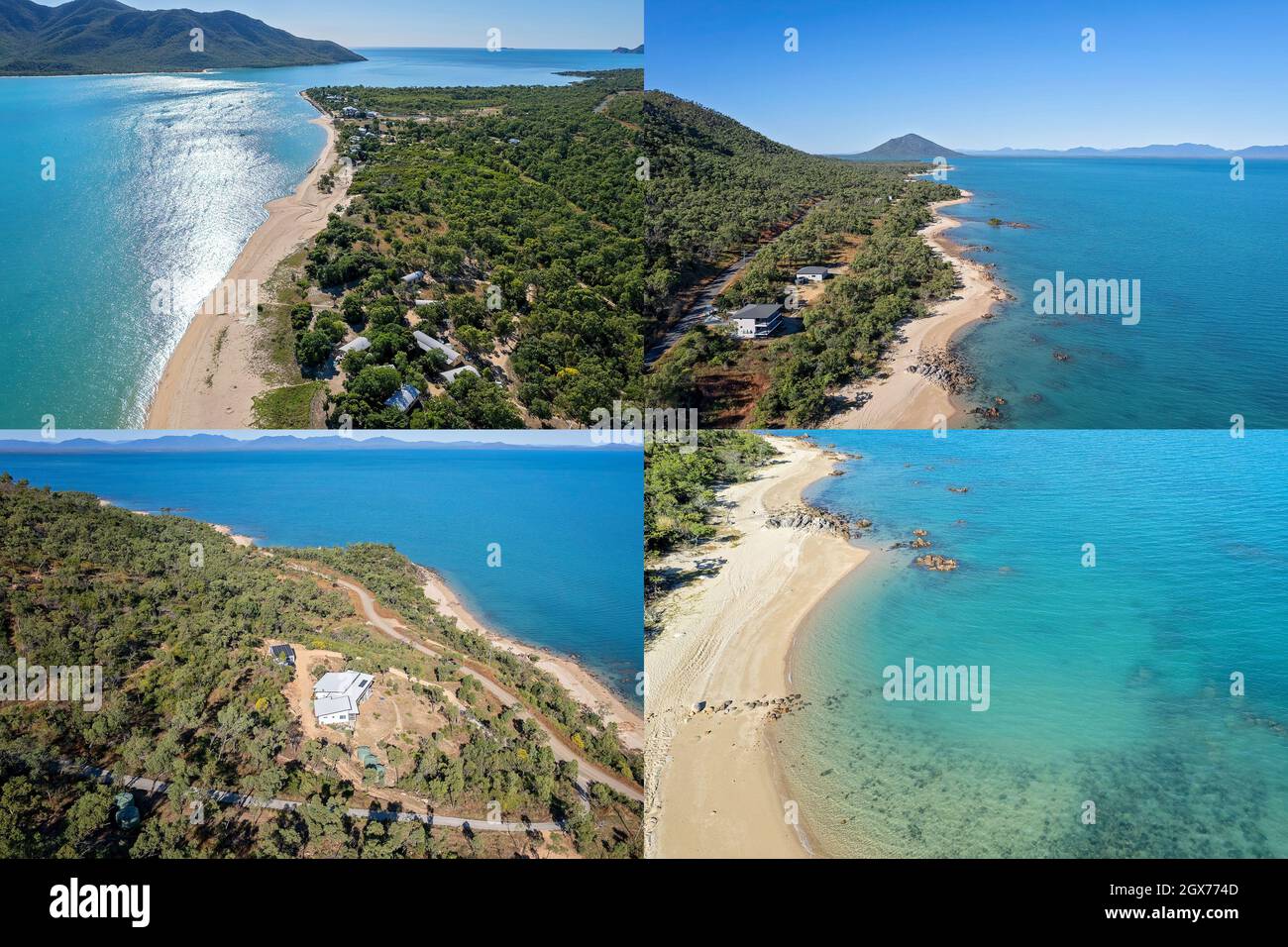 Collage of four images of a tropical coastline with the sun shining on ...