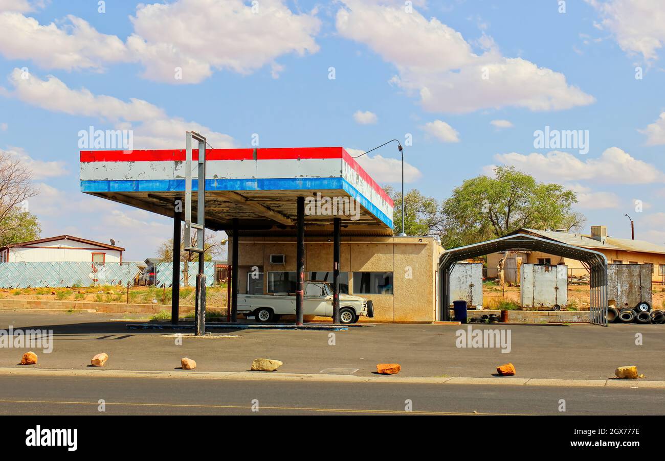 Abandoned Gas Station With Colorful Overhang Stock Photo - Alamy