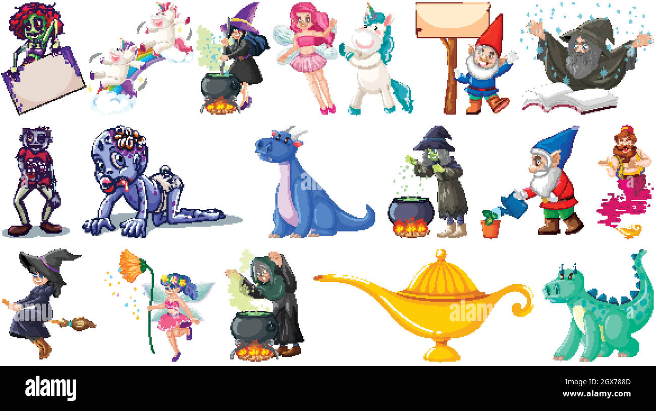 Set of fantasy cartoon characters and fantasy theme isolated on white ...