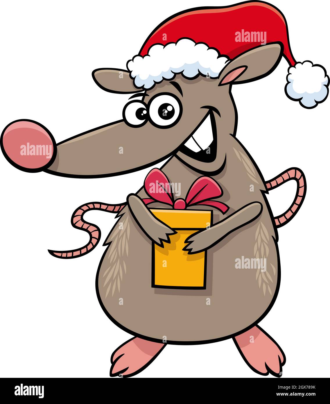 Cartoon illustration of rat animal character with present on Christmas ...