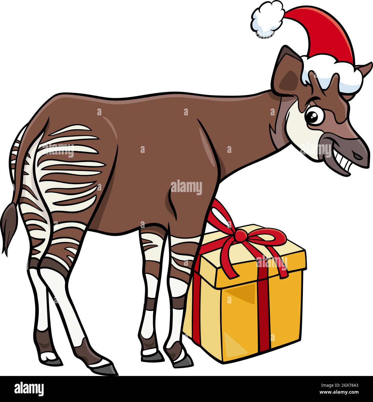 Cartoon illustration of okapi animal character with present on ...