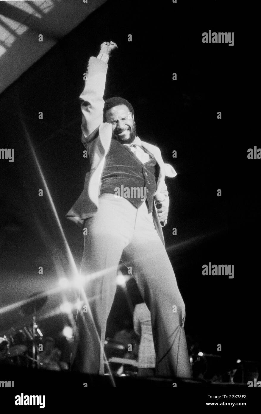 Marvin Gaye performing at the Bingley Hall, Birmingham, England in 1976 ...