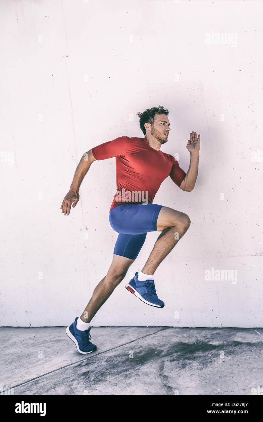 Run athlete runner man running jumping explosive dynamic stretching ...