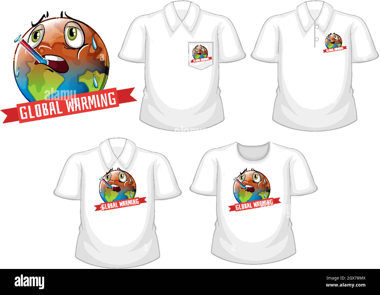 Global warming logo and set of different white shirts isolated on white ...