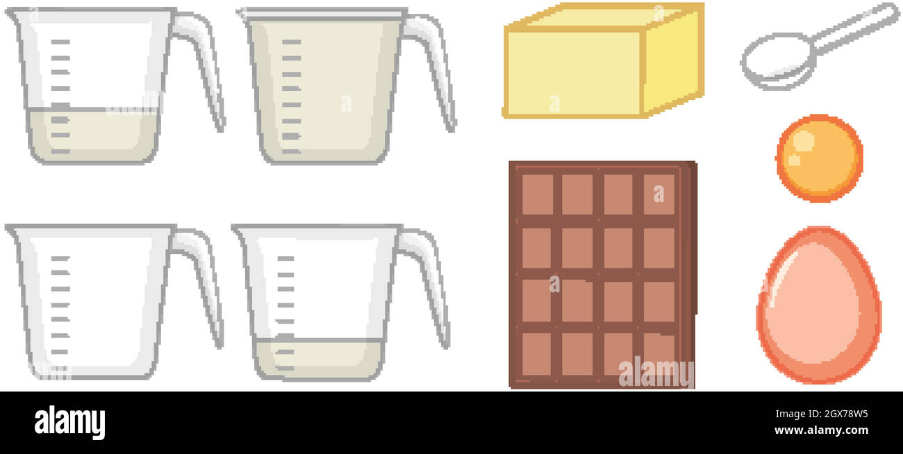 Set of baking ingredients and measuring cups on white background Stock ...