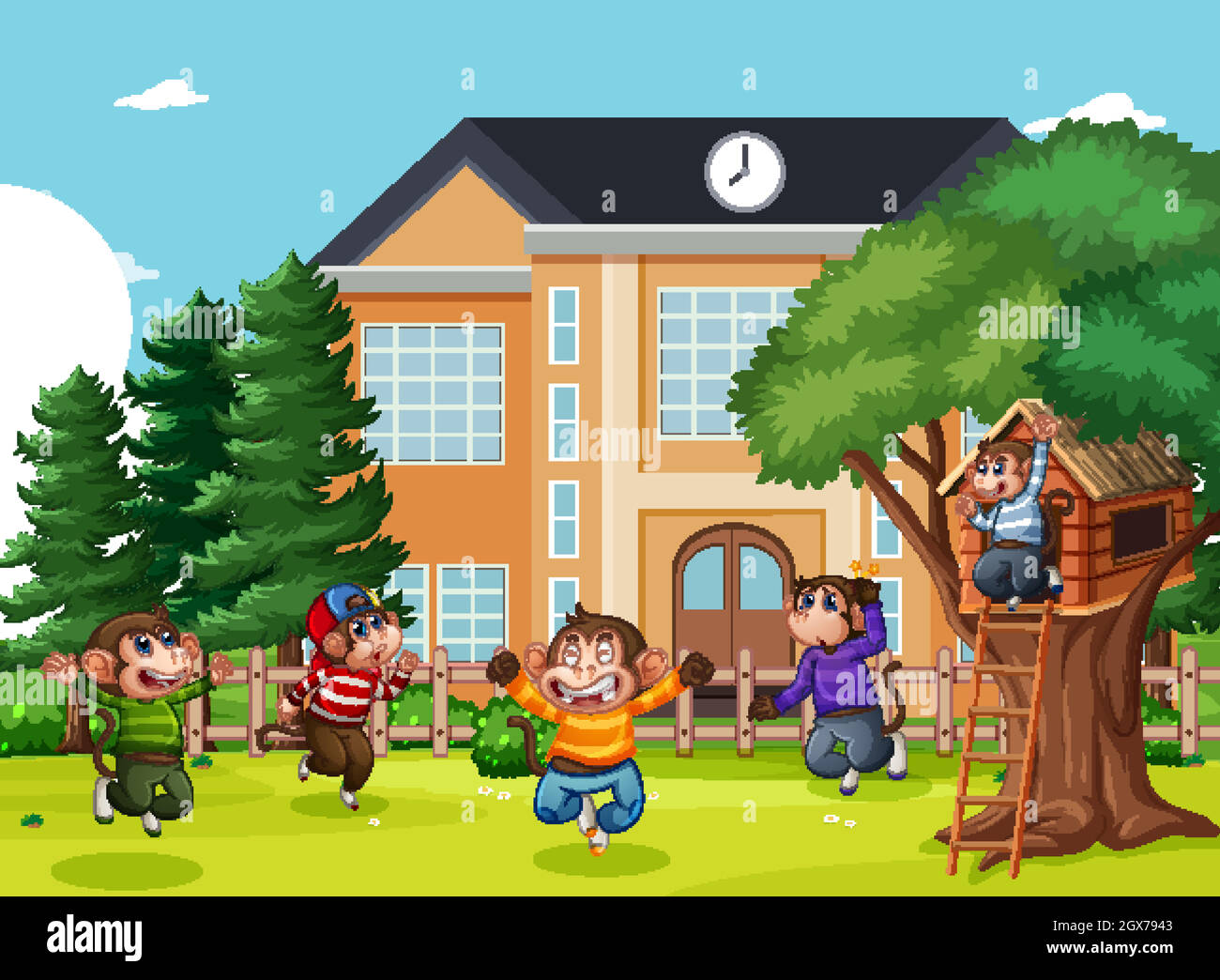 Five little monkeys jumping in the park playground scene Stock Vector ...