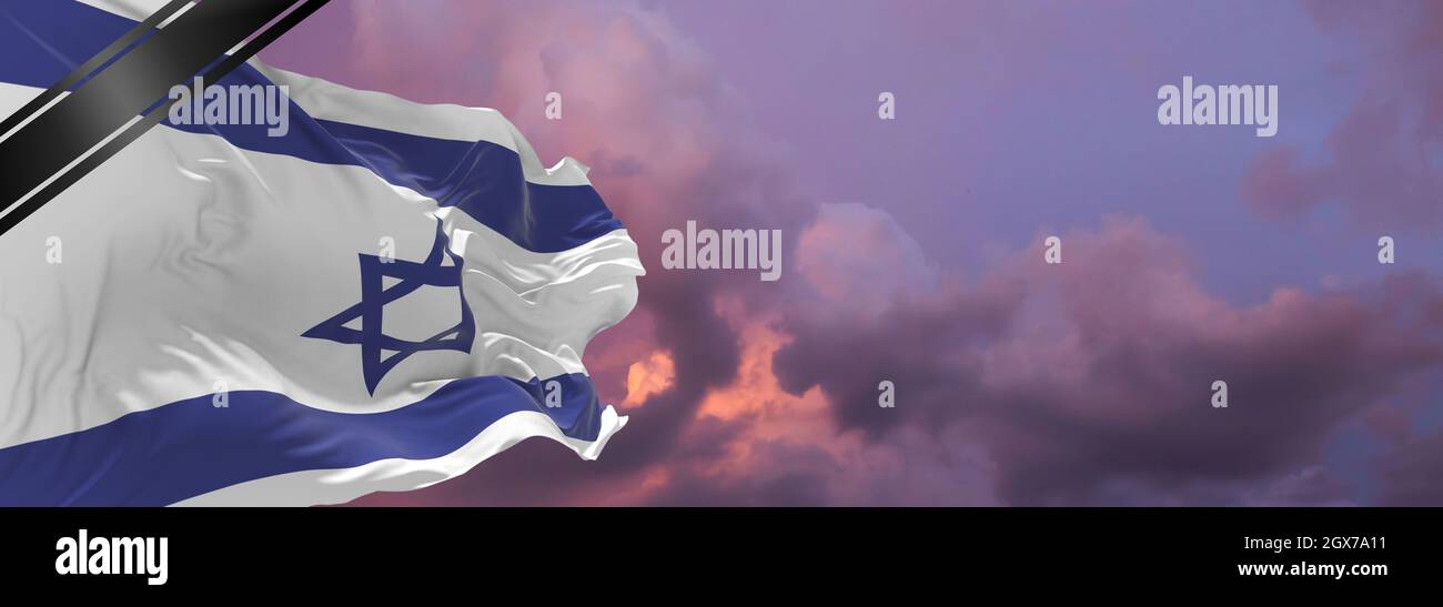 national flag of Israel with Mourning Ribbon. memory of victims of war ...