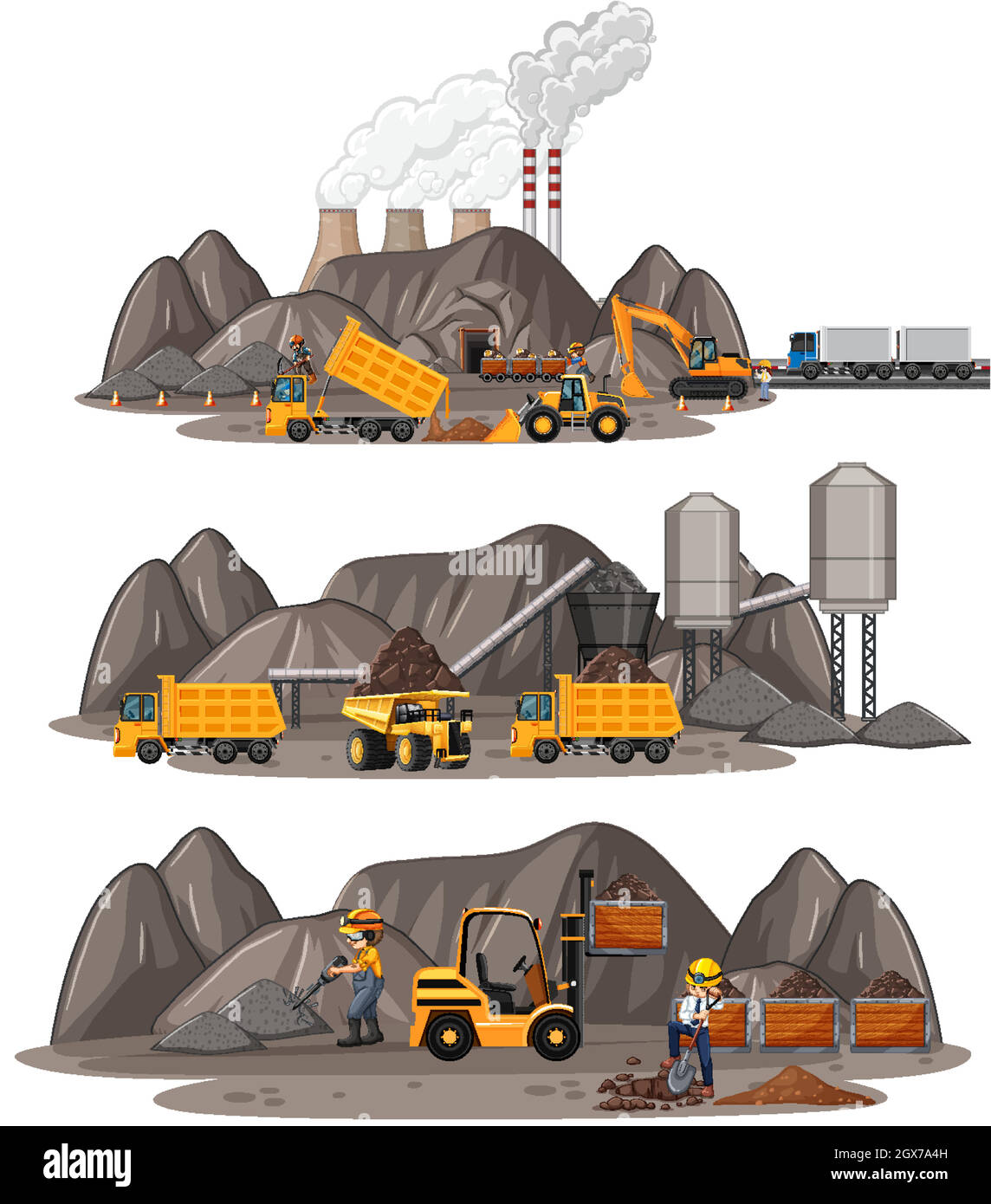 Coal mining scene with different types of construction trucks Stock ...