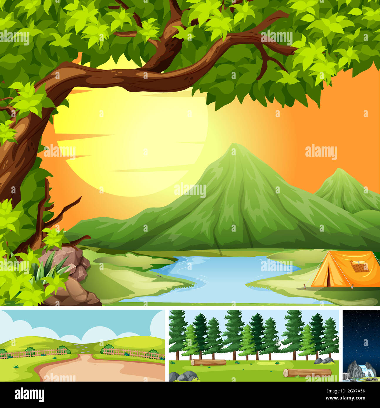 Four different scenes in nature setting cartoon style Stock Vector ...