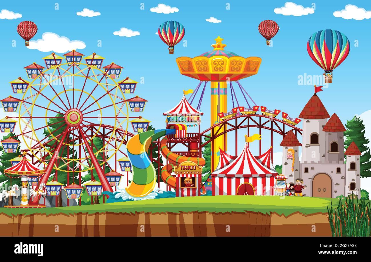 Amusement park scene at daytime with balloon in the sky Stock Vector ...