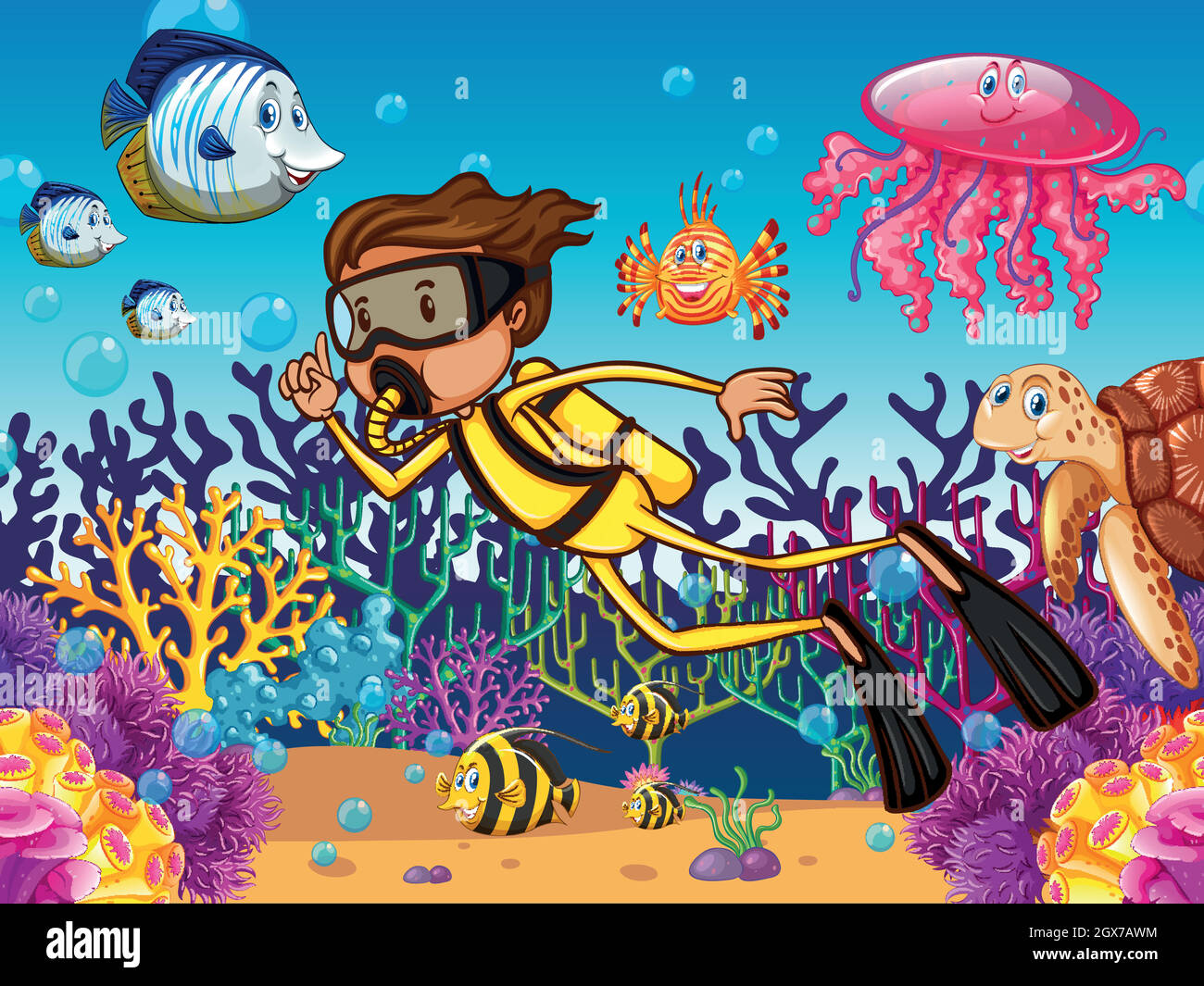 Diver diving underwater with many sea animals Stock Vector Image & Art ...