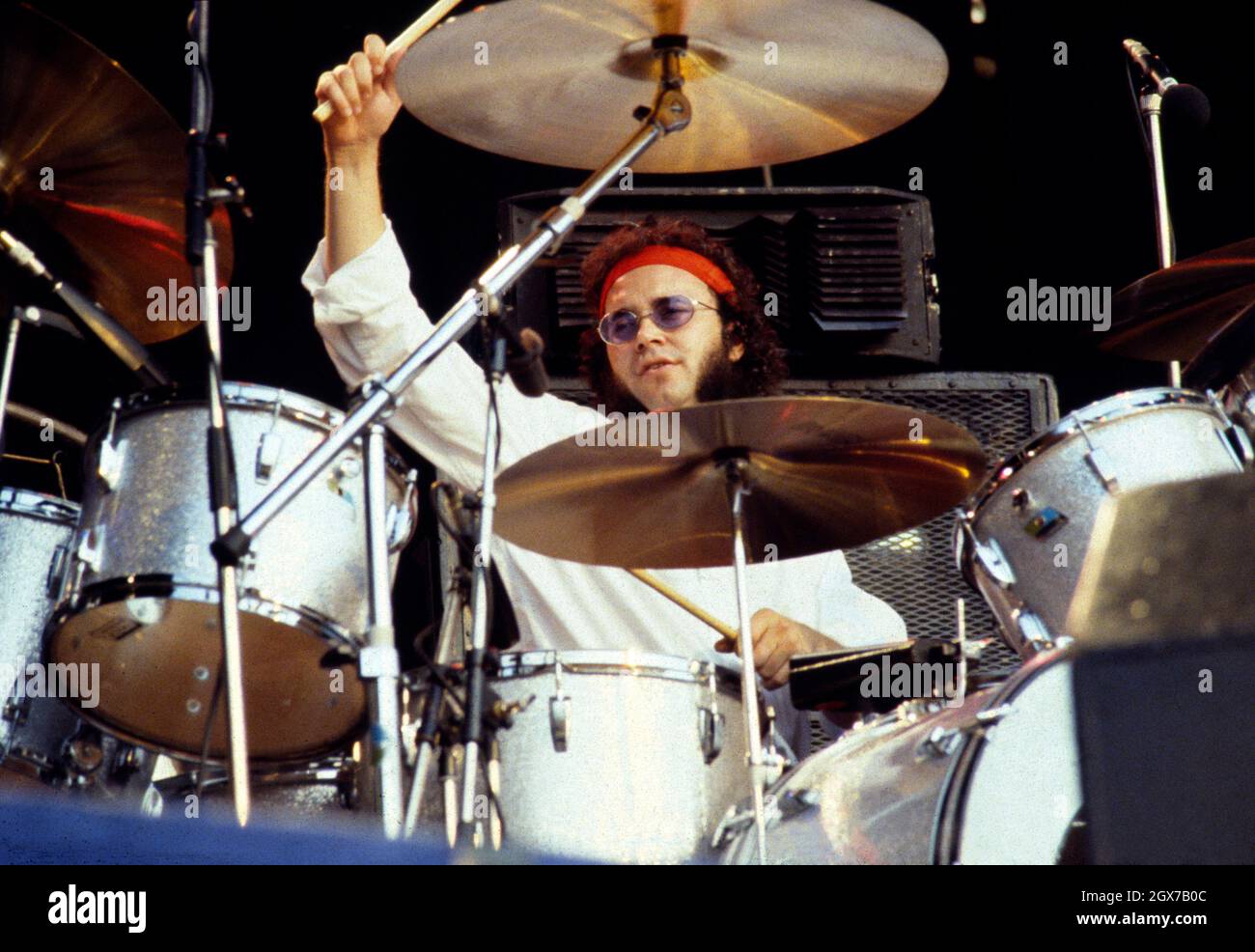 English drummer Ian Paice performing with Gary Moore at the 1982 ...
