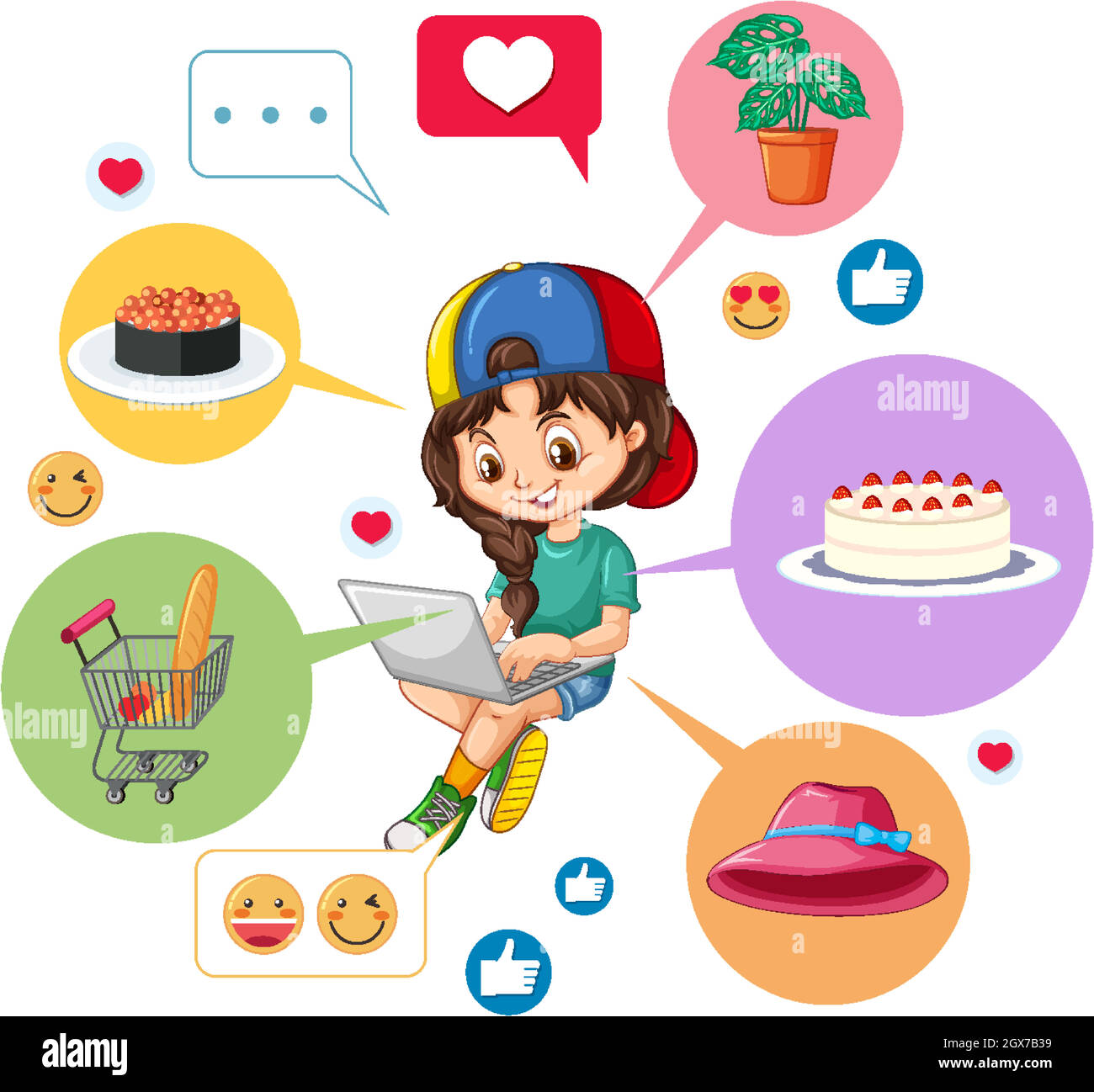 Girl in green shirt searching on laptop cartoon character isolated on ...