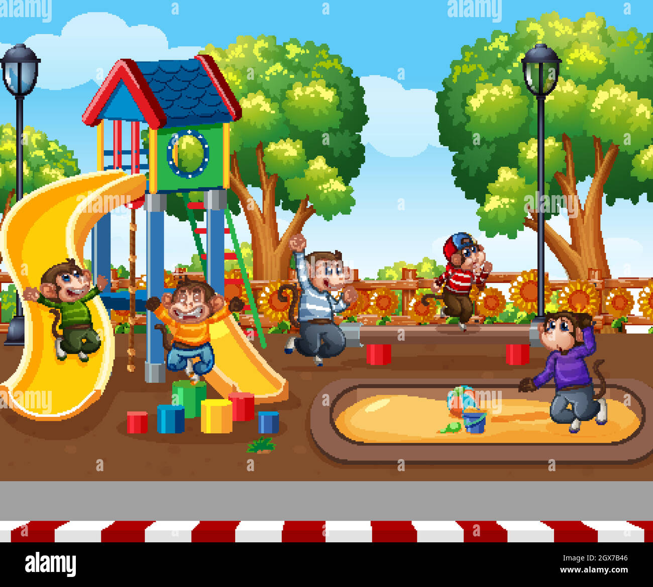 Five little monkeys jumping in the park playground scene Stock Vector ...