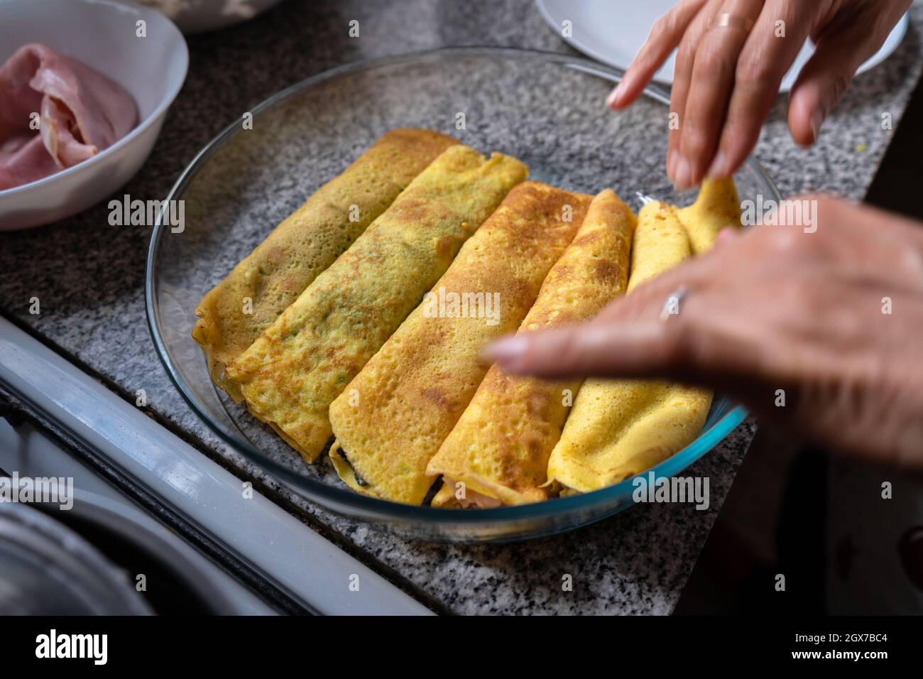 Professional kitchen process cooking pancakes hi-res stock photography ...