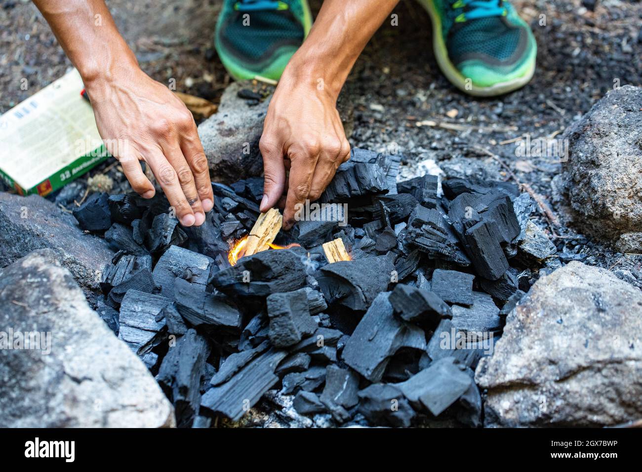 Man making a bonfire on a camp Stock Photo - Alamy