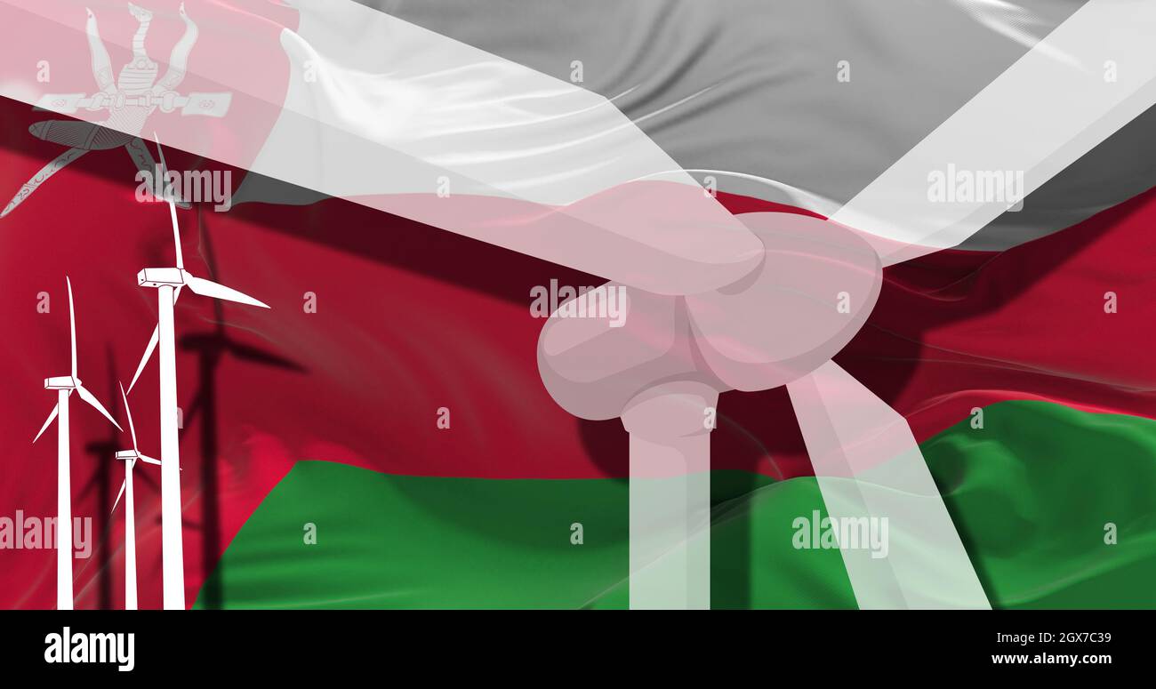 Wind turbines on background of Oman flag. sustainable development ...
