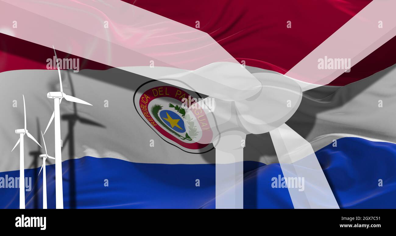 Wind turbines on background of Paraguay flag. sustainable development ...