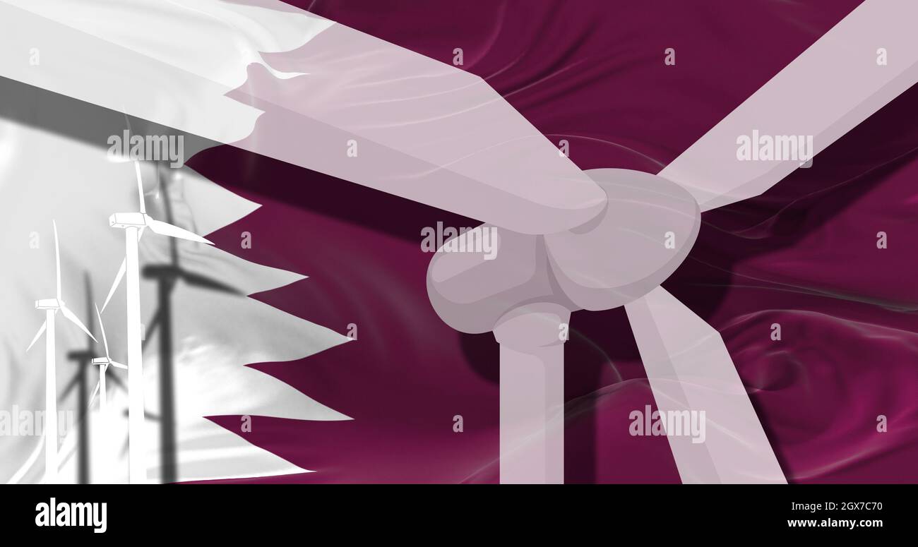Wind turbines on background of Qatar flag. sustainable development ...