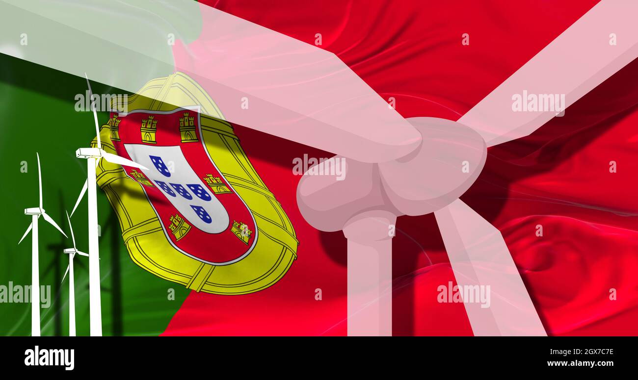 Wind turbines on background of Portugal flag. sustainable development ...
