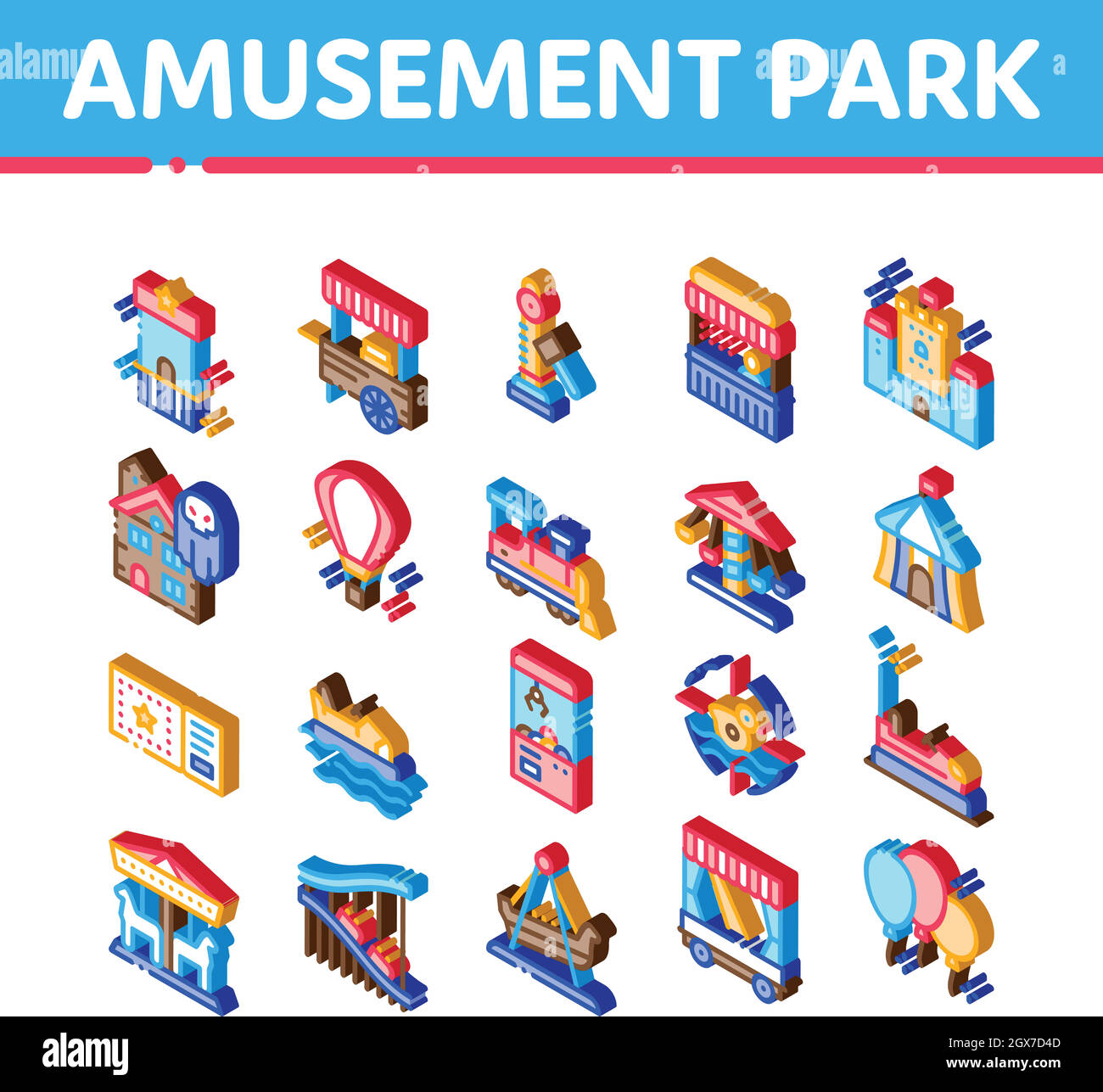 Amusement Park And Attraction Isometric Icons Set Vector Stock Vector ...