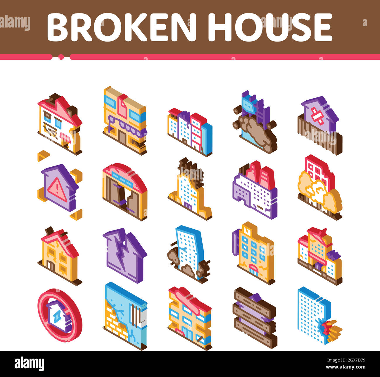 Broken House Building Isometric Icons Set Vector Stock Vector Image ...